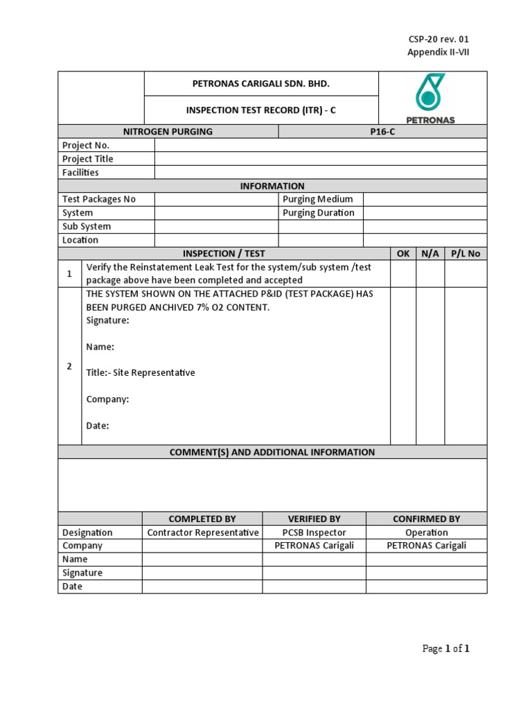 Petronas Carigali Sdn. Bhd. Inspection Test Record (Itr) - C Nitrogen ...
