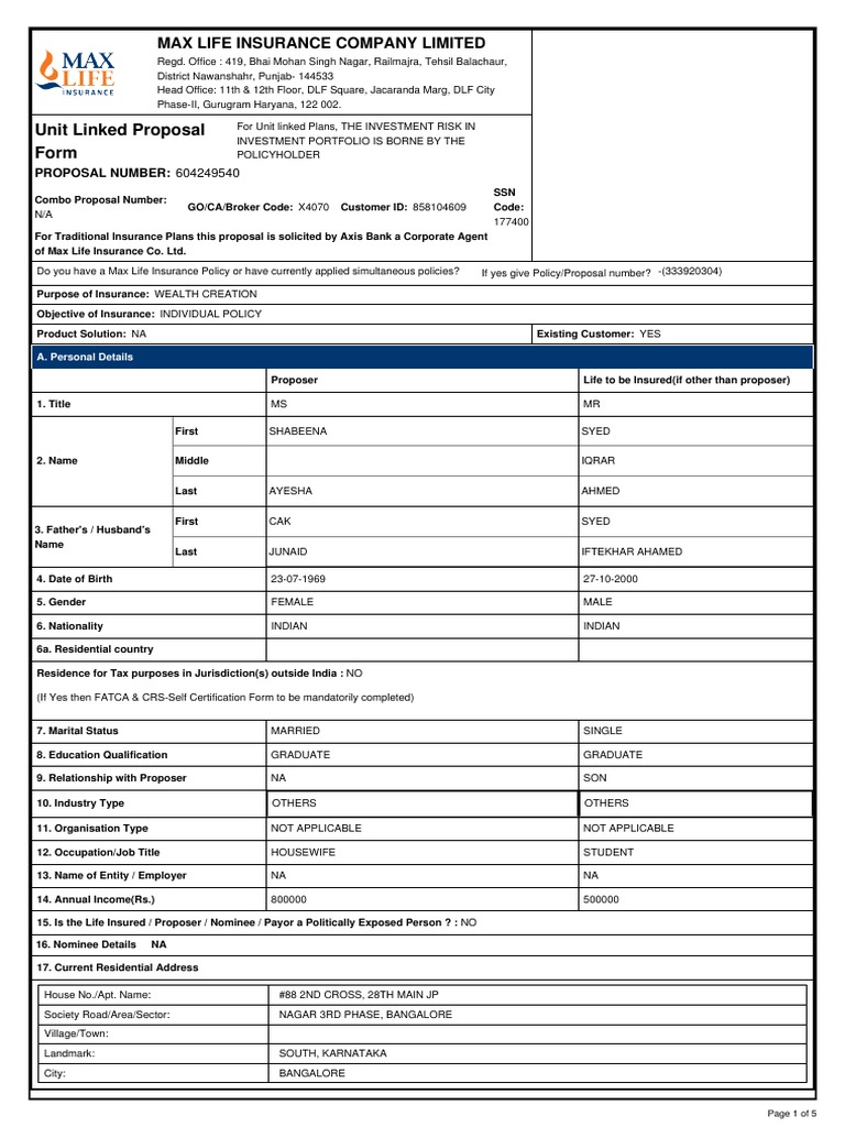 Unit Linked Proposal Form: Max Life Insurance Company Limited | PDF ...