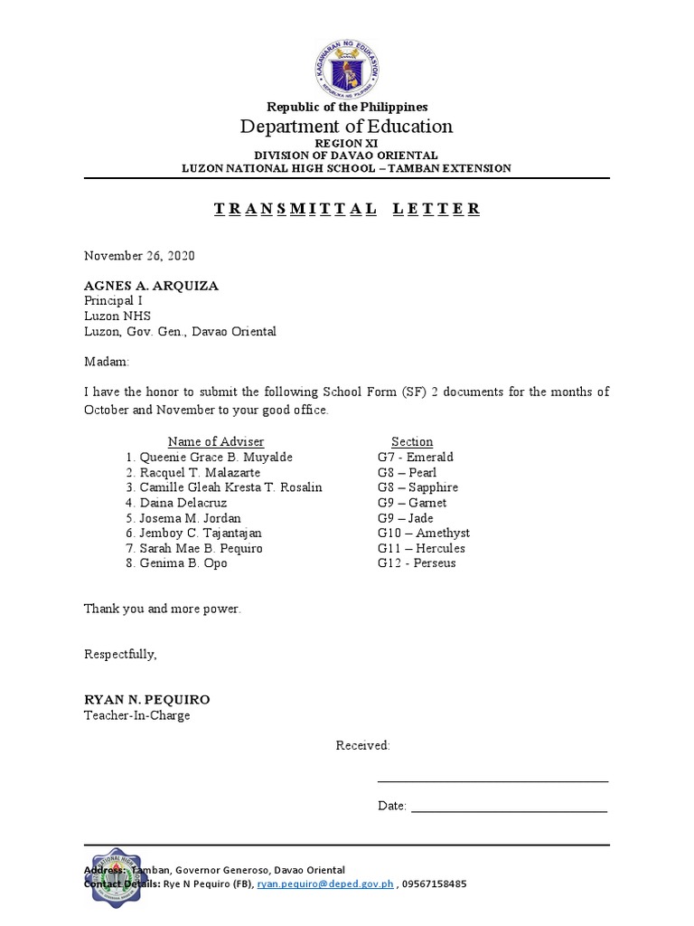 Transmittal Letter for School Forms | PDF