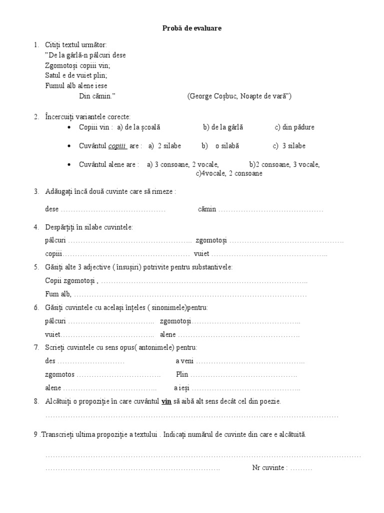 Proba de Evaluare Lb. Rom. | PDF