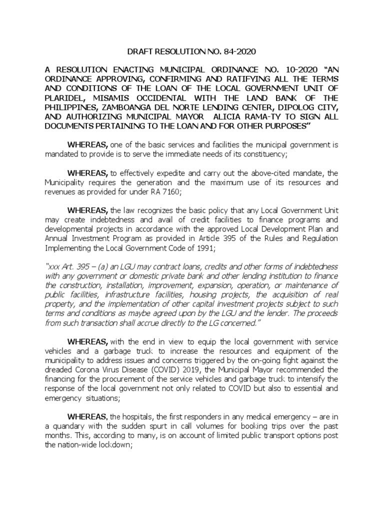 Plaridel Garbage Truck Loan Resolution | PDF | Loans | Policy