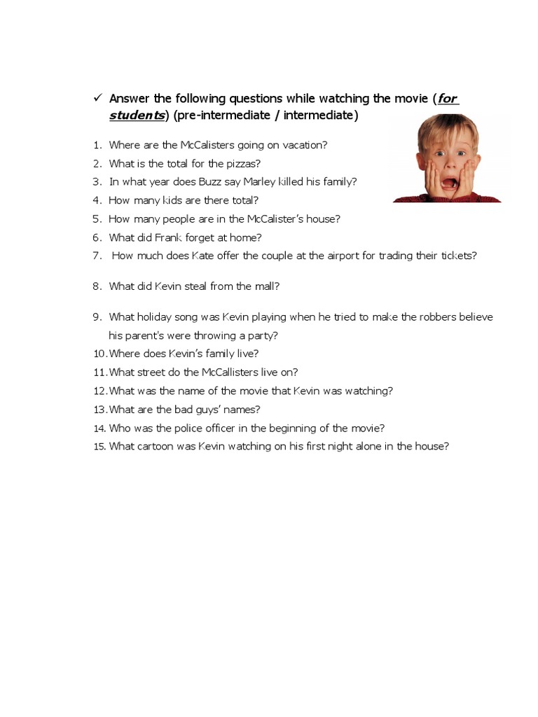 Home Alone" Movie Worksheet: Comprehension Questions and Fill-in-the ...