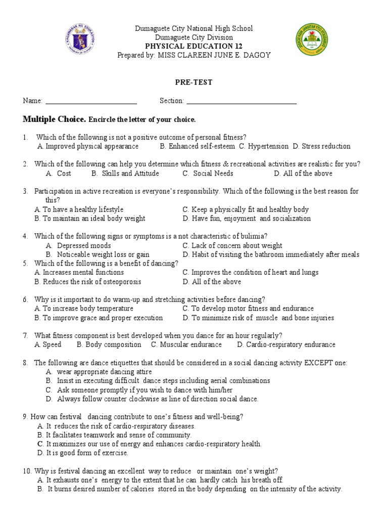 Multiple Choice.: Physical Education 12 | PDF | Physical Fitness ...