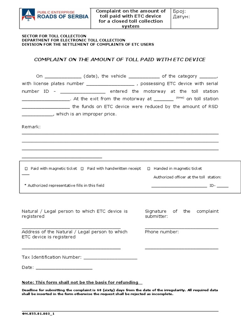 Reklamacija Iznosa Naplacene Putarine Uredjaja Za ENP Za Zatvoreni ...