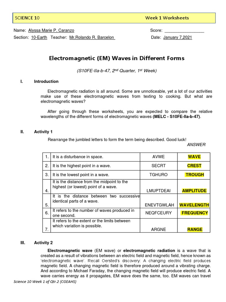 A4 Science 10 WEEK 1 Qtr. 2 2020-2021 | PDF | Electromagnetic Radiation ...