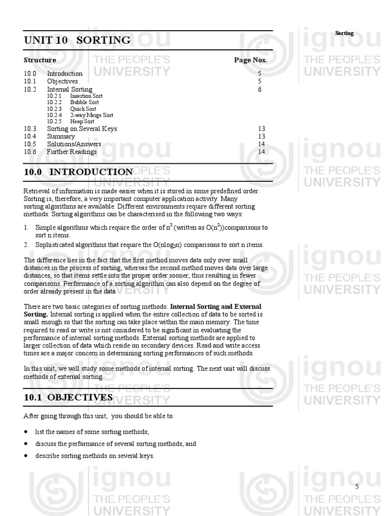 Unit 10 Sorting: Structure Page Nos | PDF | Array Data Structure | Algorithms And Data Structures