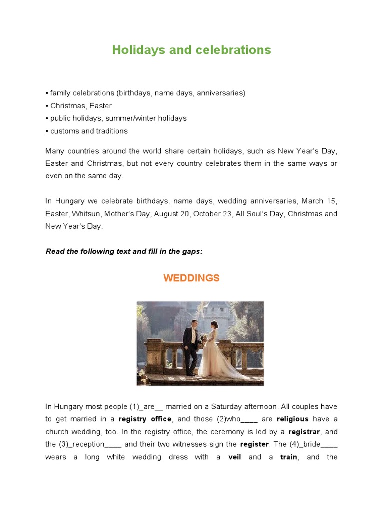 Holidays and Celebrations Worksheet | PDF | Wedding | Christmas Eve