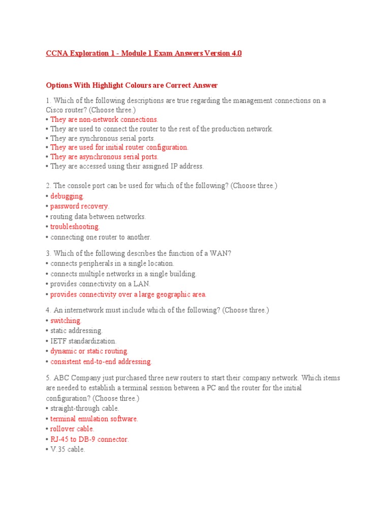 CCNA Exploration 1 - Module 1 Exam Answers | PDF | Network Switch | Router (Computing)