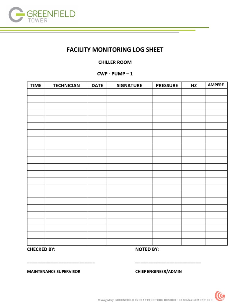 Facility Monitoring Log Sheet: Chiller Room CWP - Pump - 1 Time ...
