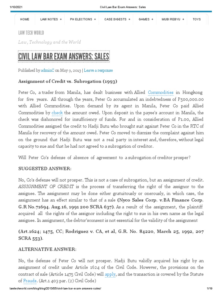 Civil Law Bar Exam Answers - Sales | PDF | Mortgage Law | Lease