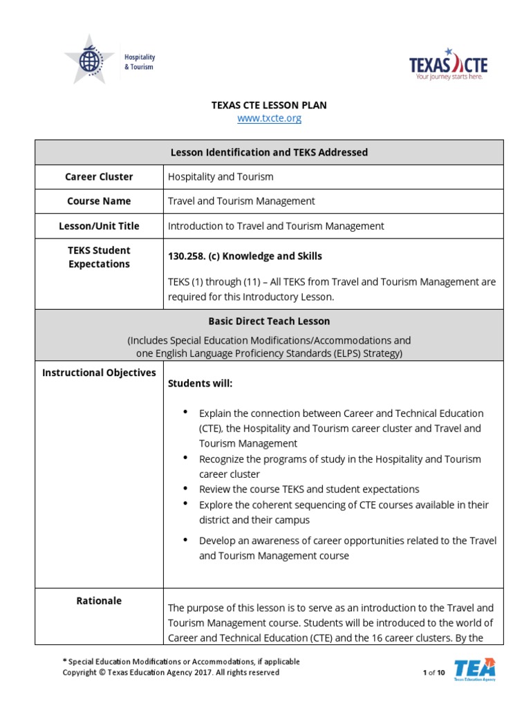 Lesson Plan-Introduction To Travel and Tourism Management | PDF ...