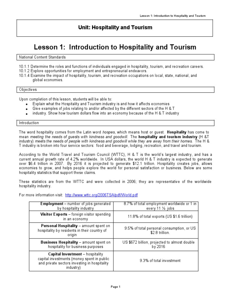 Lesson 1: Introduction To Hospitality and Tourism | PDF | Tourism | Hotel