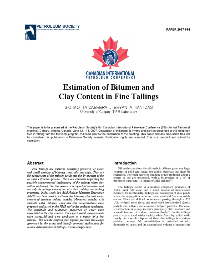 Estimation of Bitumen and Clay Content in Fine Tailings: Petroleum ...