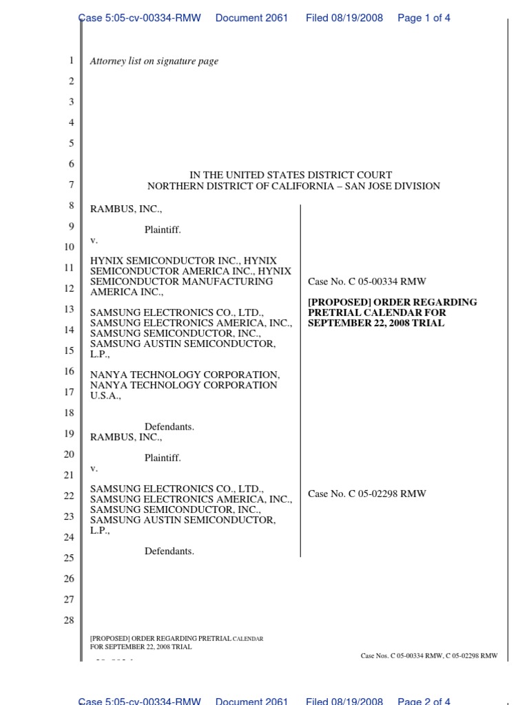 Attorney List On Signature Page: (Proposed) Order Regarding Pretrial ...