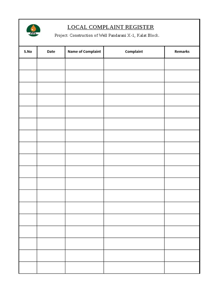Local Complaint Register: Project: Construction of Well Pandarani X-1 ...