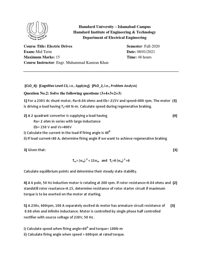(CLO - 4) : (Cognitive Level C3, I.e., Applying) (PLO - 2, I.e ...