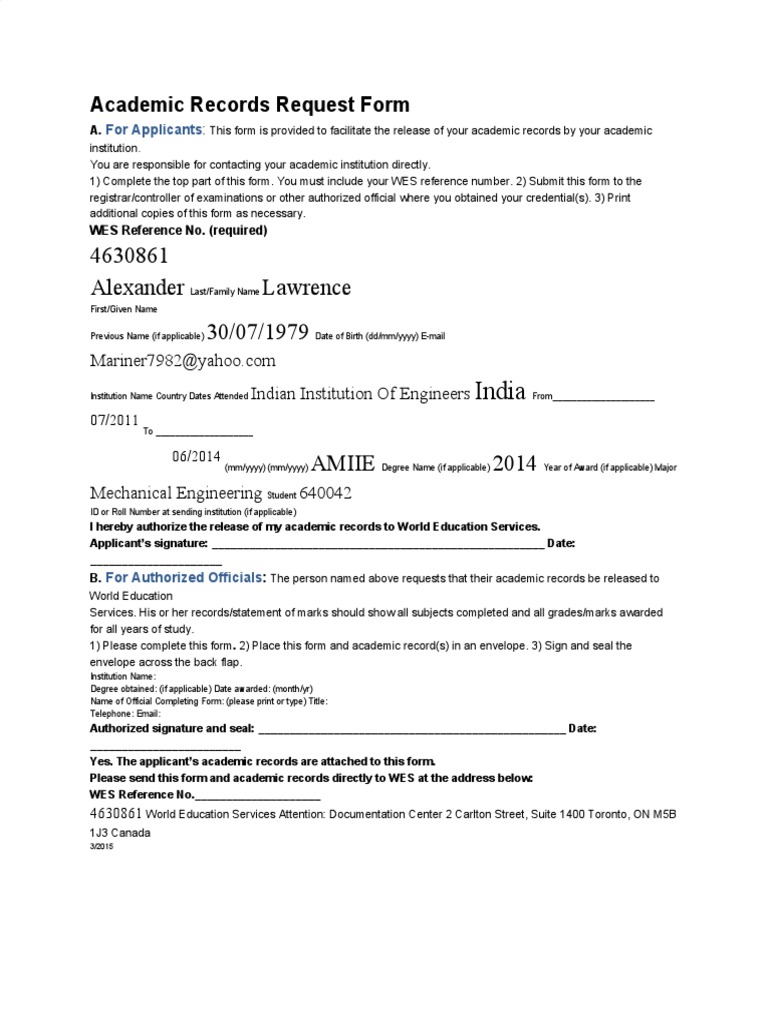 WES Academic Records Request Form | PDF | Test/Examination | Business