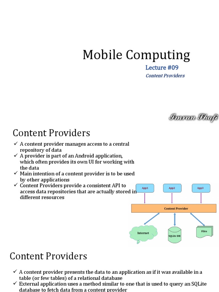 Lecture 09, Content Providers | PDF | Method (Computer Programming) | Databases