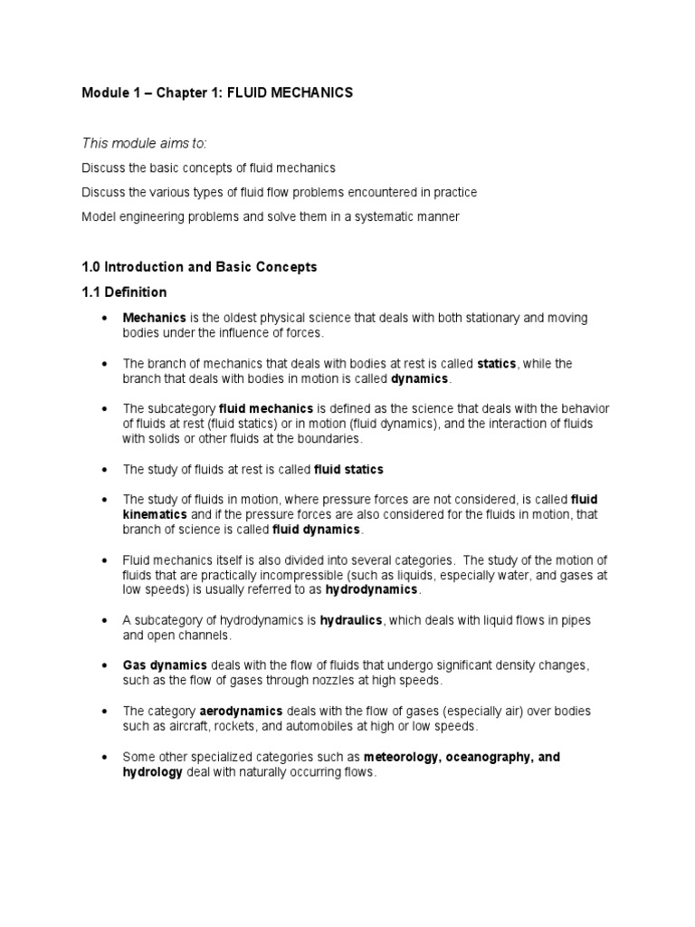 Module 1 - Chapter 1 Fluid Mechanics | PDF | Fluid Dynamics | Fluid Mechanics