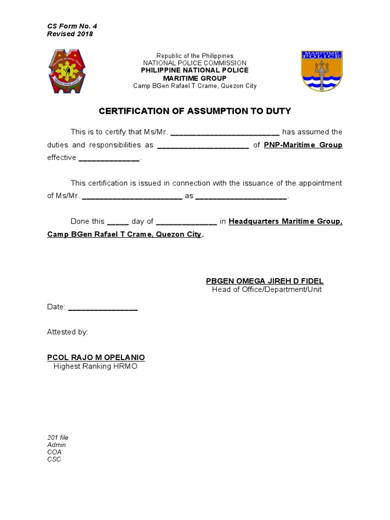 Certificate of Assumption To Duty | PDF