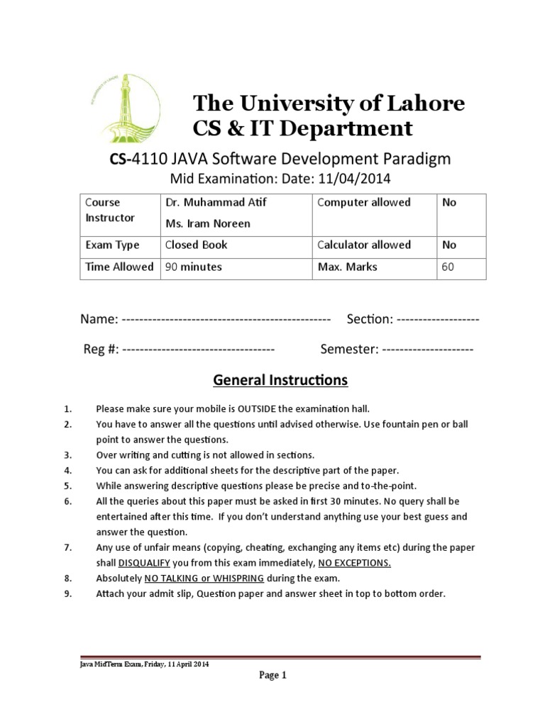 Java BS Mid Paper 2014 | PDF | Java (Programming Language) | Programming Paradigms