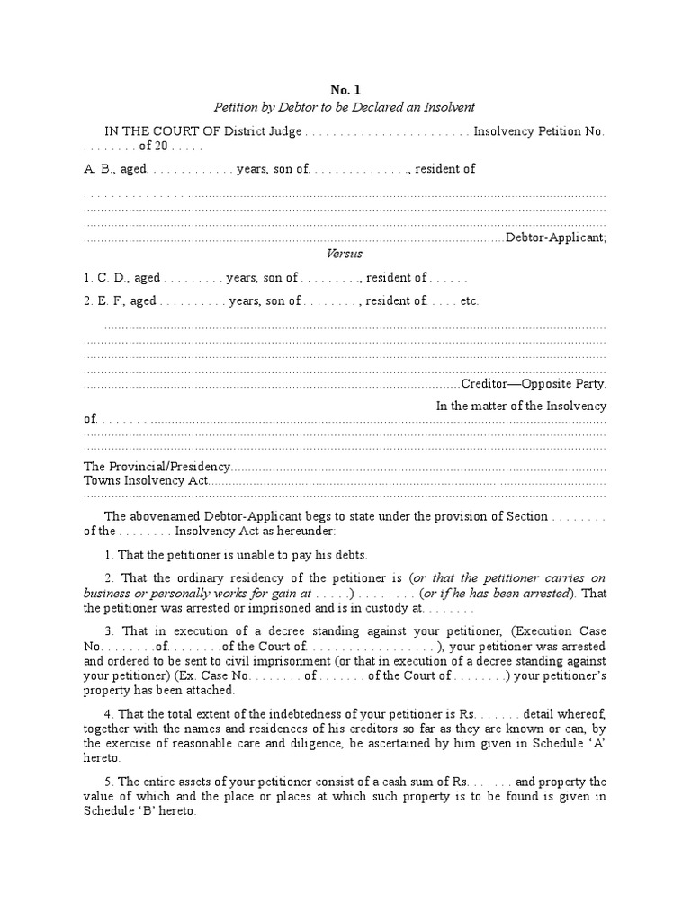 Petition by Debtor To Be Declared An Insolvent | PDF | Bankruptcy ...