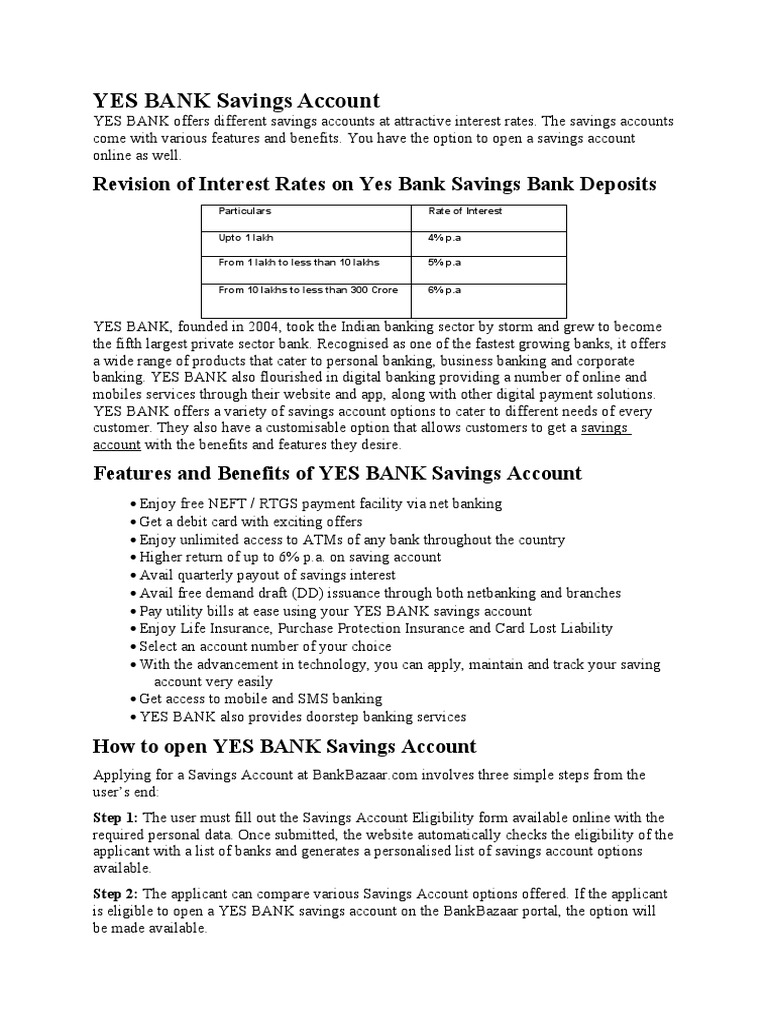 YES BANK Savings Account | PDF | Banks | Financial Services