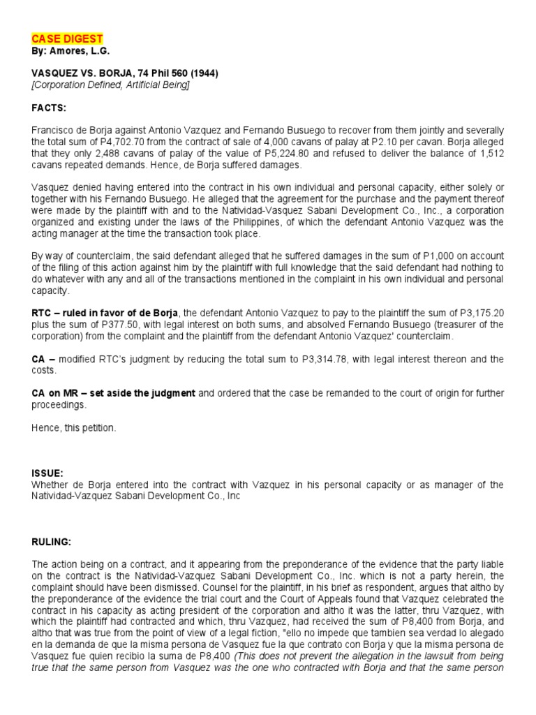 Case Digest: (Corporation Defined, Artificial Being) | PDF | Negligence ...