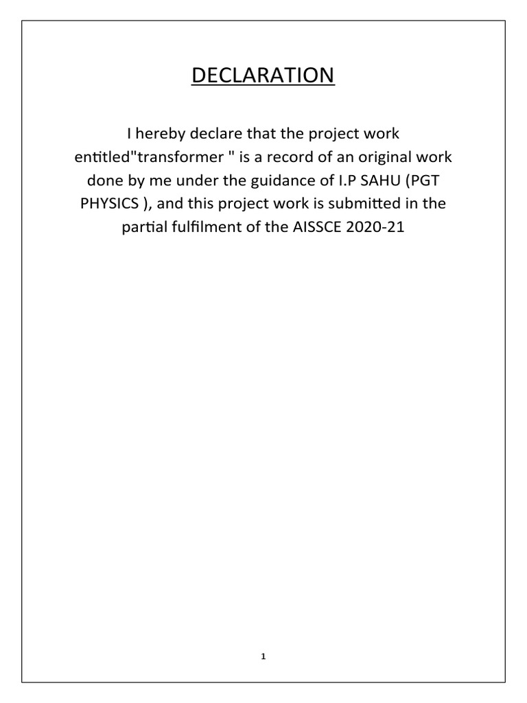 Declaration for Class 12 Physics Project | PDF | Transformer | Inductor