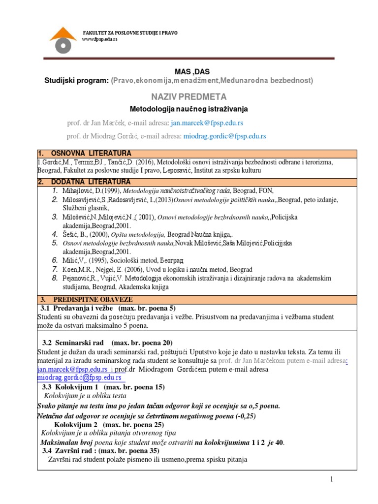 Karton Predmeta - Metodologija Naucnog Istrazivanja 20-21 | PDF