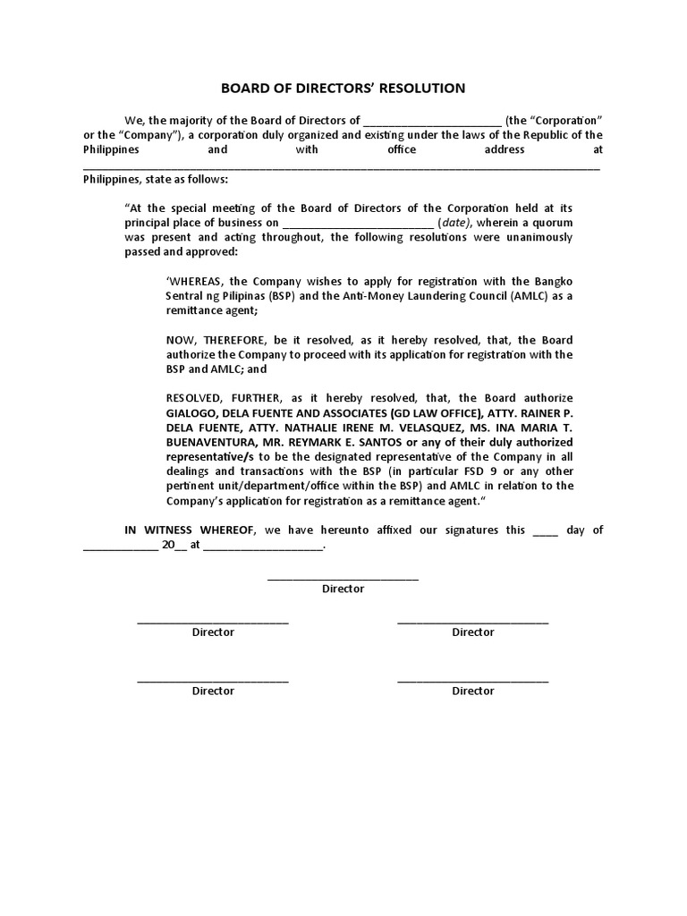 BOARD RESOLUTION TEMPLATE For BSP | PDF