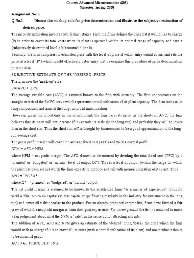 Assignment No. 1 Q.No.1 Discuss The Markup Rule For Price Determination ...