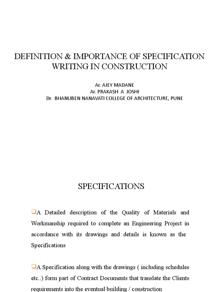 Importance of Specifications in Construction | PDF | Specification ...