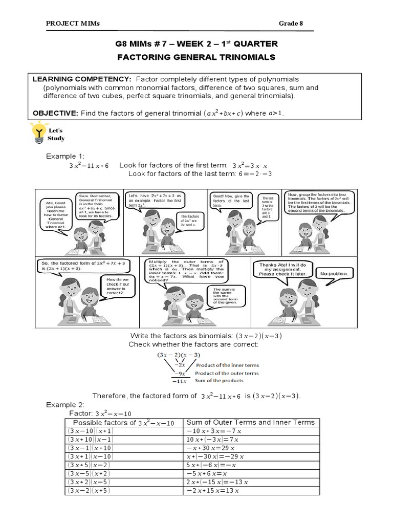 G8 MIMs # 7 - WEEK 2 - 1st QUARTER | PDF | Factorization | Elementary Mathematics