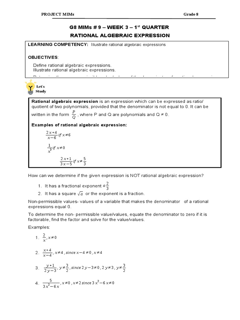 G8 MIMs # 9 - WEEK 3 - 1st QUARTER | PDF | Rational Number | Polynomial
