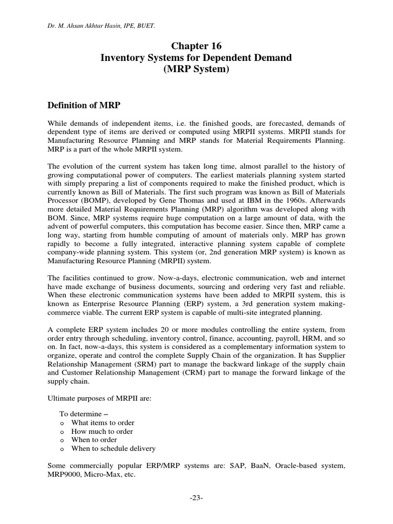 Chapter 16 - MRP - Note | PDF | Enterprise Resource Planning | Supply ...