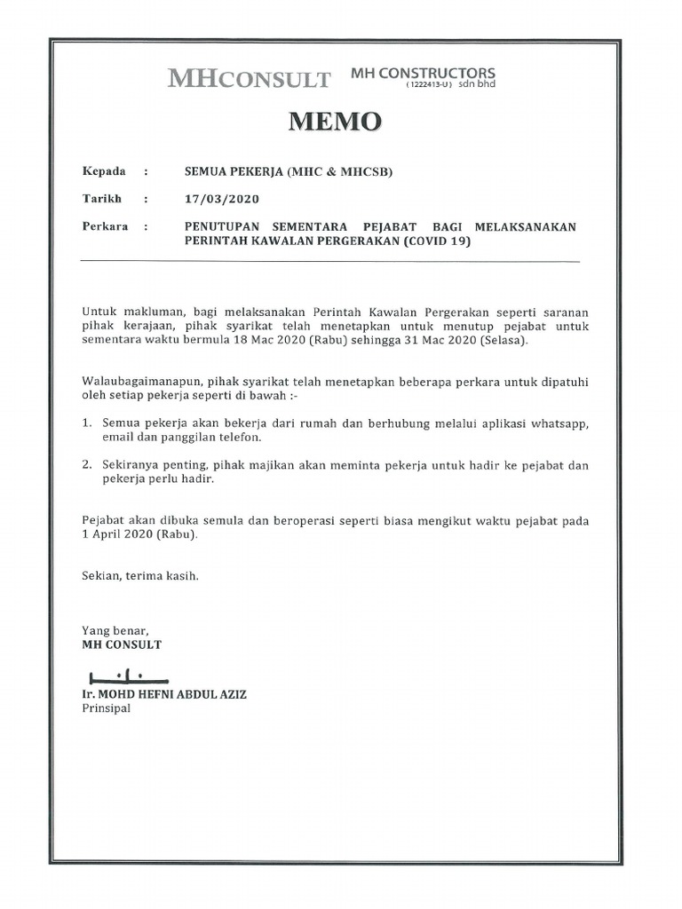 Memo-Penutupan Sementara Pejabat Bagi Melaksanakan Perintah Kawalan ...