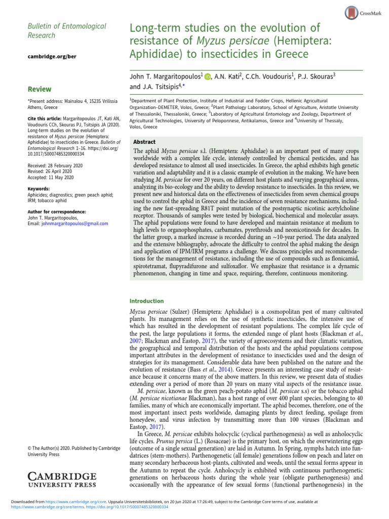 Long-Term Studies On The Evolution of Resistance of Myzus Persicae (Hemiptera: Aphididae) To ...