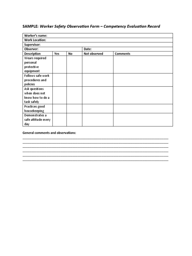 SAMPLE: Worker Safety Observation Form - Competency Evaluation Record | PDF