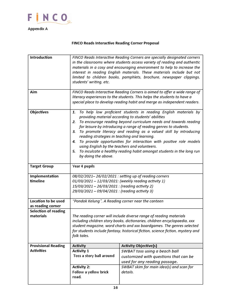 A - FINCO Reads Interactive Reading Corner Proposal | PDF | Literacy ...