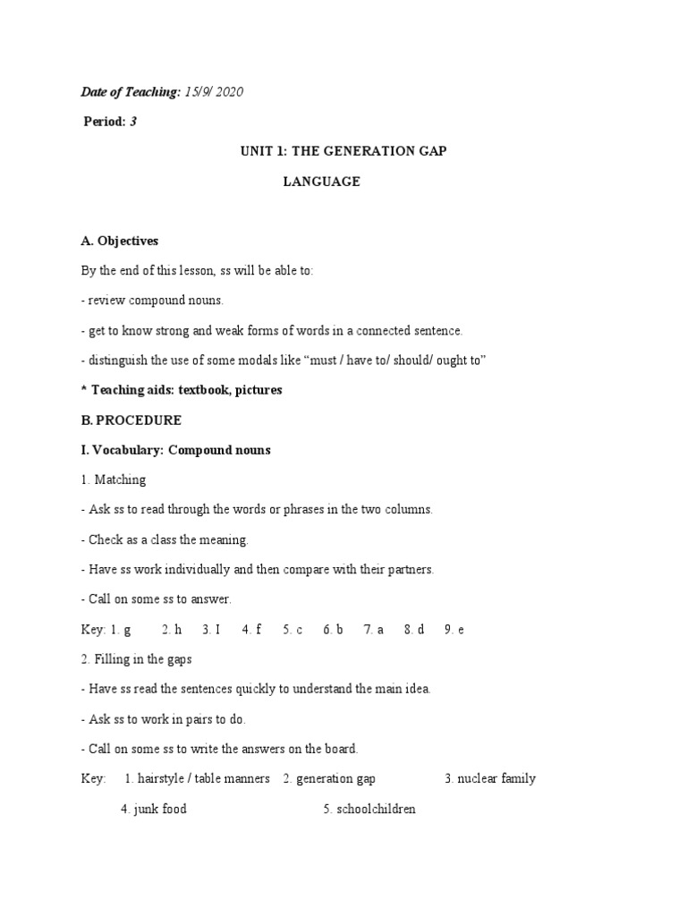 Unit 1: The Generation Gap Language: Date of Teaching: 15/9/ 2020 ...