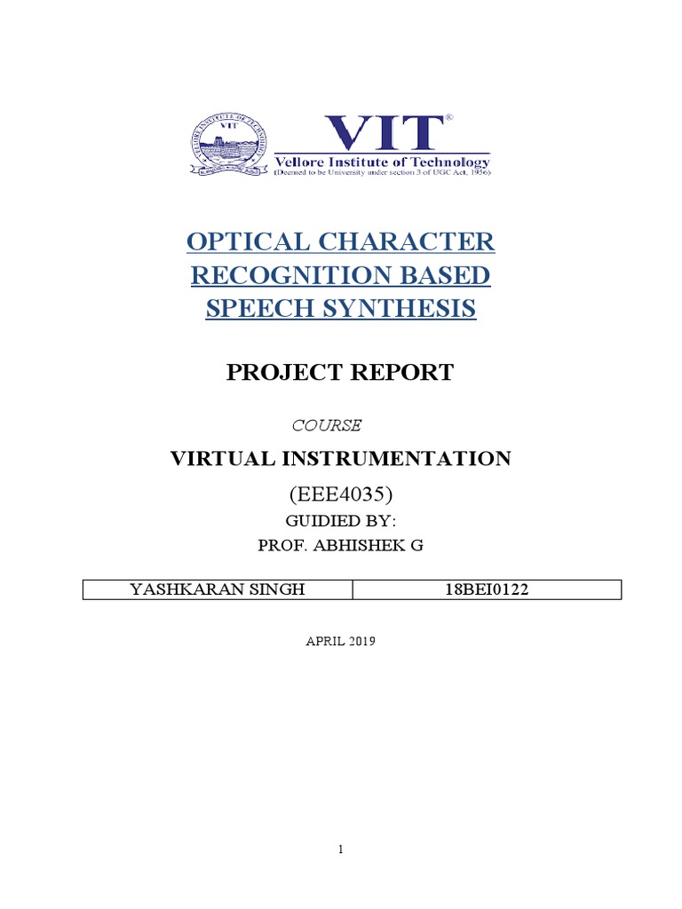 Optical Character Recognition Based Speech Synthesis: Project Report | PDF | Optical Character ...
