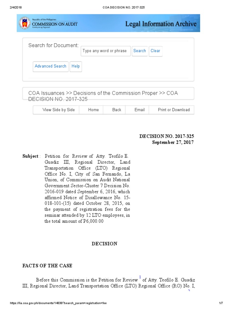 COA DECISION NO 2017-325 Payment of Registration Fees PDF | PDF ...
