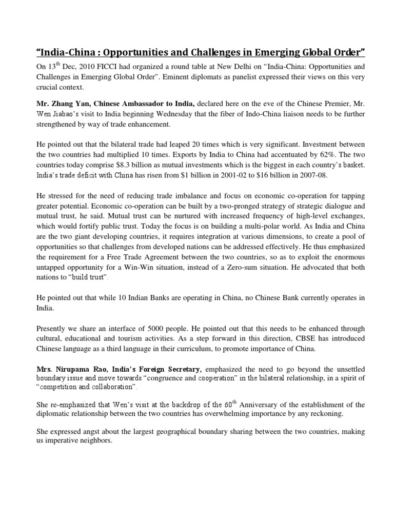 India-China: Opportunities and Challenges in Emerging Global Order ...