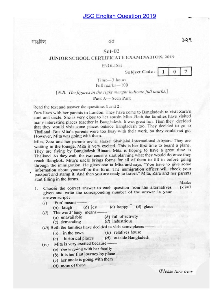 JSC English Question 2019 | PDF