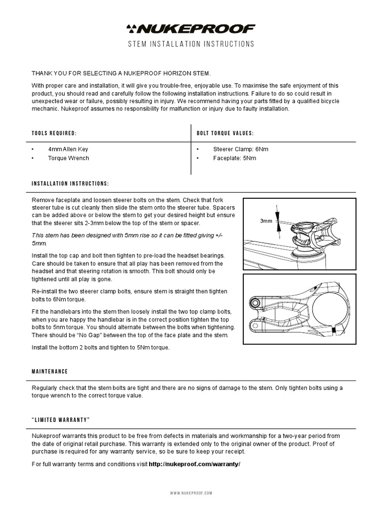 Stem Installation Instructions: Tools Required: Bolt Torque Values | PDF | Machines | Equipment