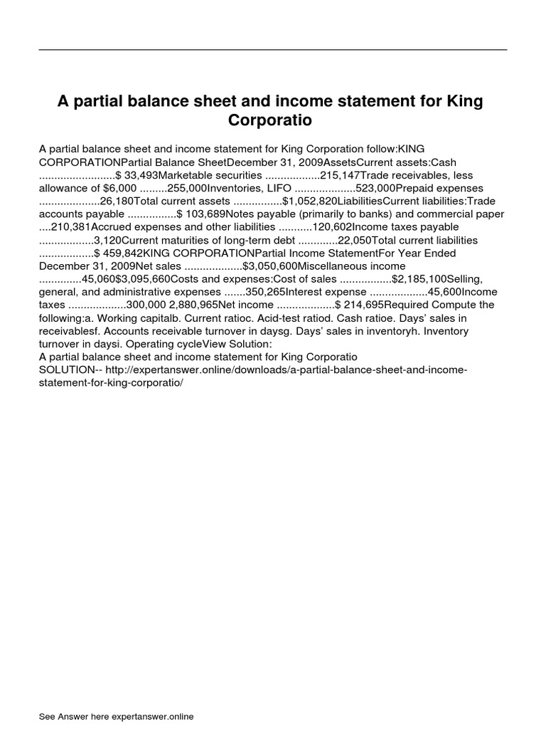 A Partial Balance Sheet and Income Statement For King Corporatio | PDF ...