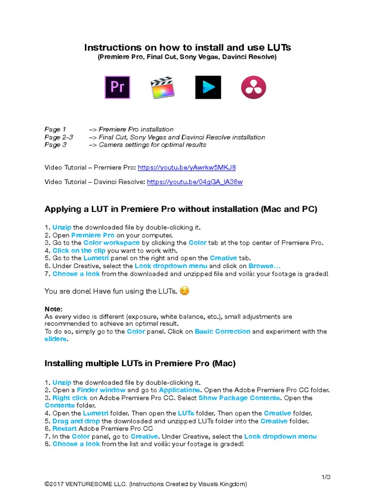 Installation Guide LUTs PDF | PDF | Exposure (Photography) | Color Balance