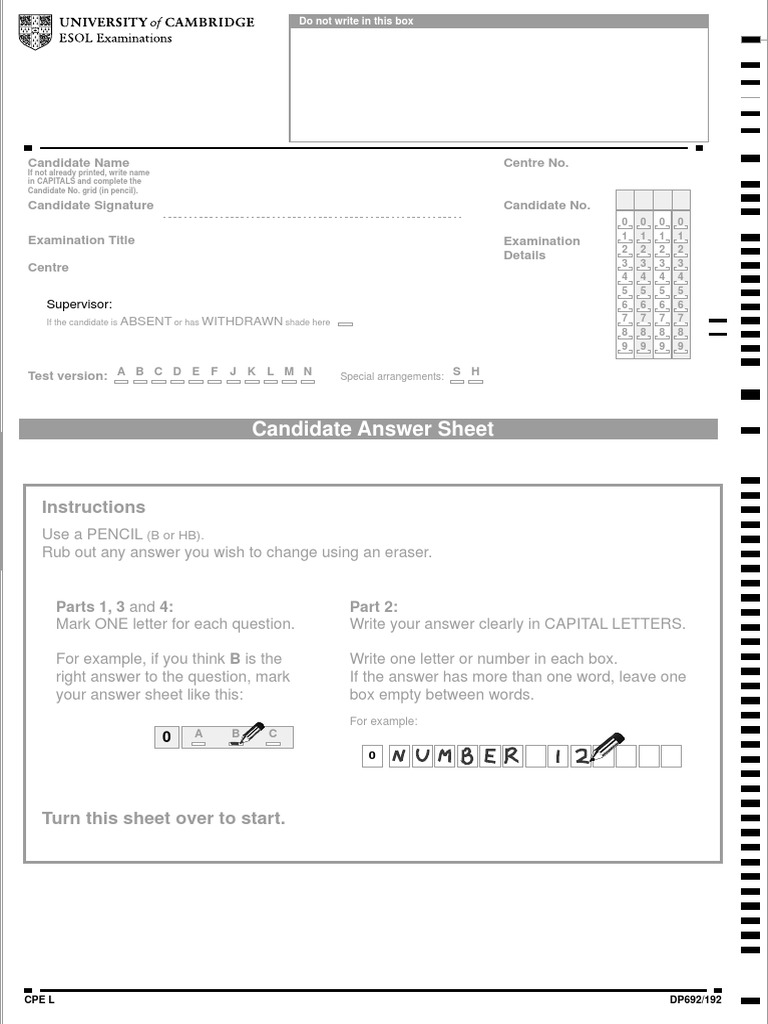 Candidate Answer Sheet: Instructions | PDF | Written Communication