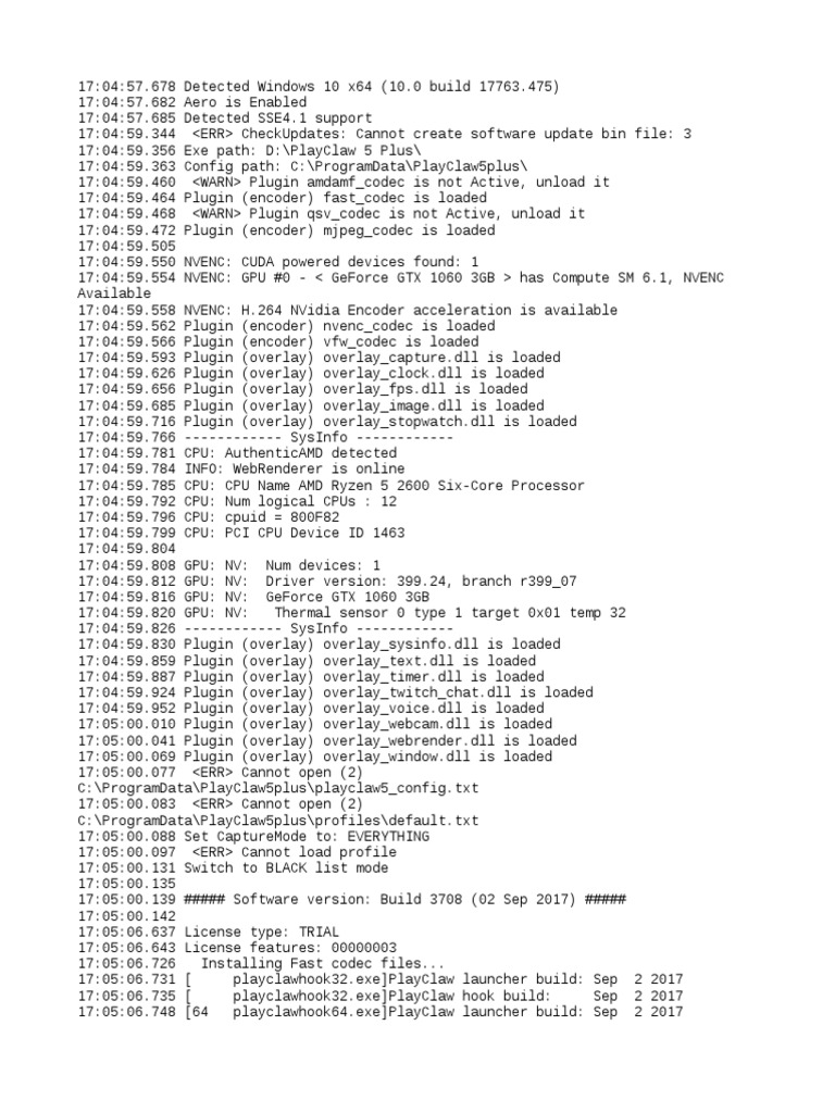 PlayClaw 5 Plus Initialization Log | PDF | Graphics Processing Unit ...